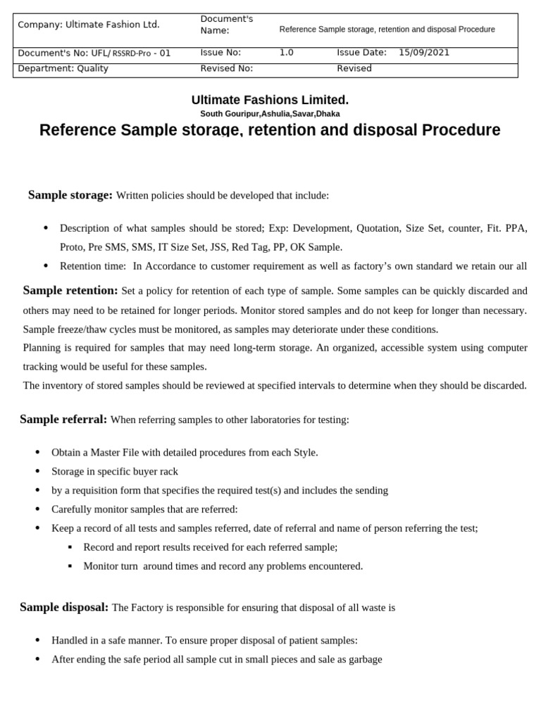 Referance Sample Storage, Retention and Disposal Method | PDF