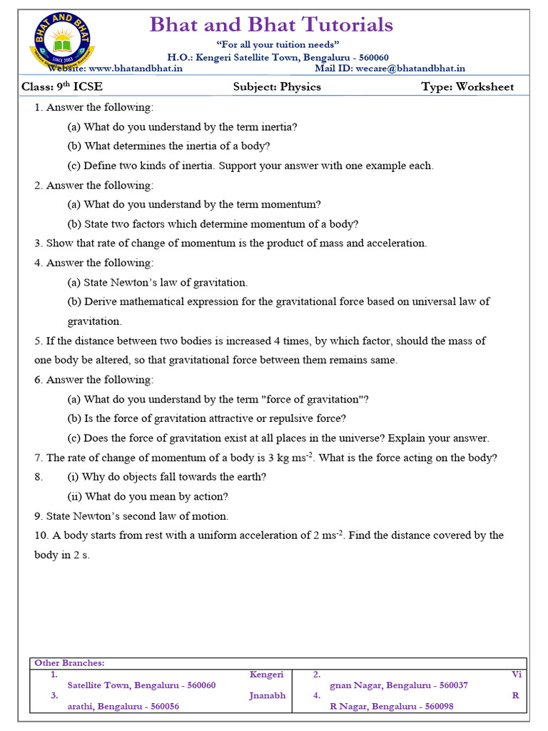 9th ICSE PHYSICS WORKSHEET 24 25 | PDF