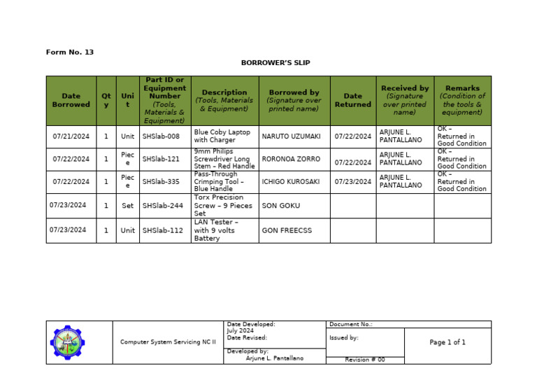Form 13 - Borrower's Slip_ALPantallano | PDF