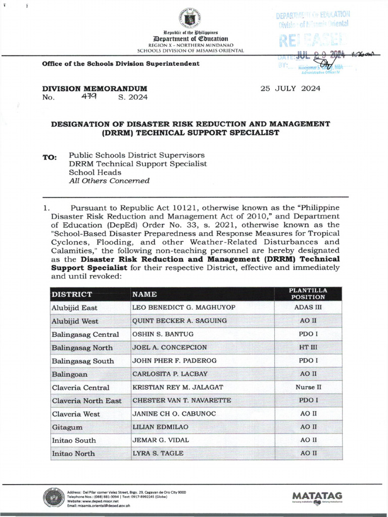 DM 479 S 2024 Designation of Disaster Risk Reduction and Management ...