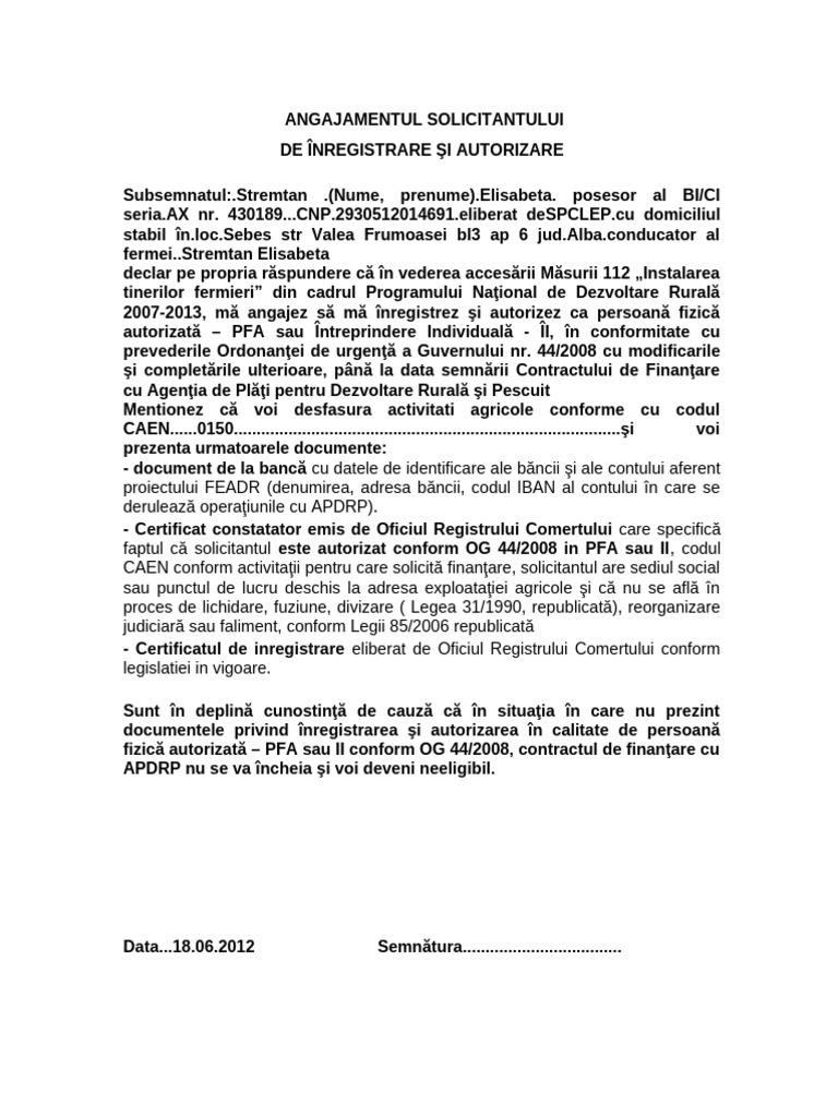 ANEXA 6 - MODELE DECLARATII Pentru Masura 112 - Mai 2012 | PDF