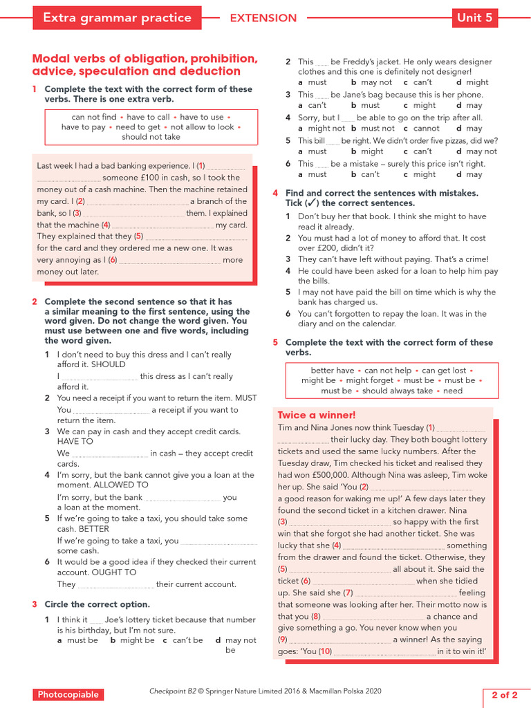 Checkpoint B2_TRC_Extra Grammar Practice_Extension_U5 | PDF