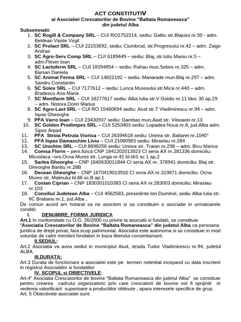 ACT CONSTITUTIV Baltata Romaneasca | PDF