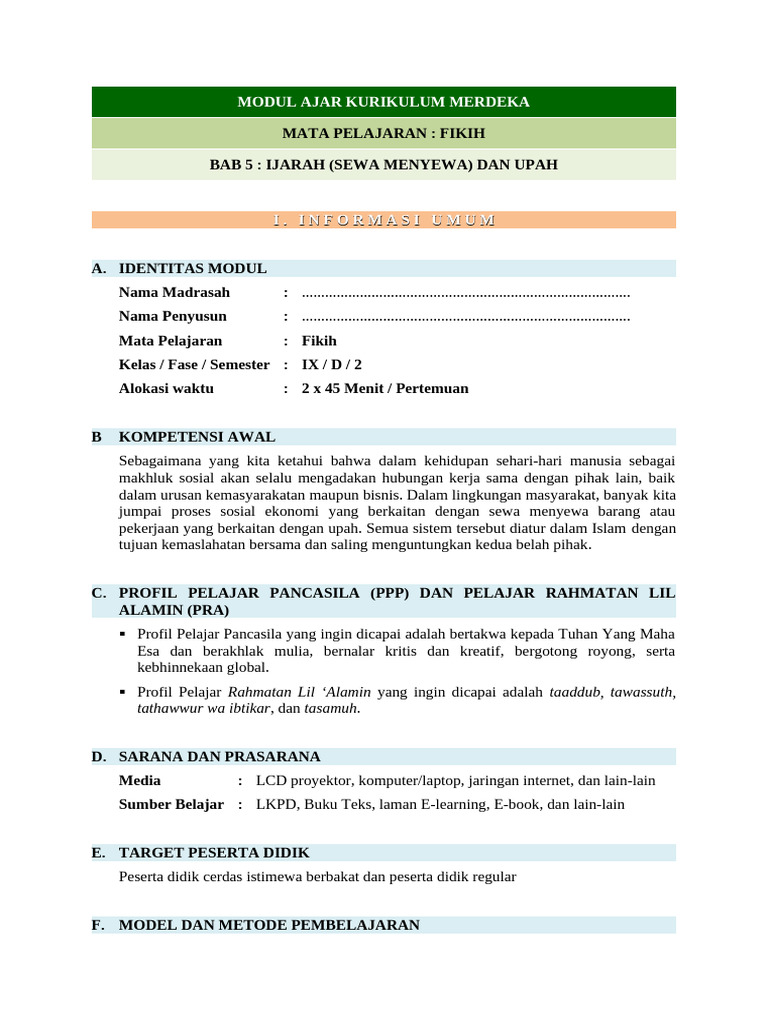 Modul Fikih 9 Bab 5 - Ijarah (Sewamenyewa) Dan Upah | PDF
