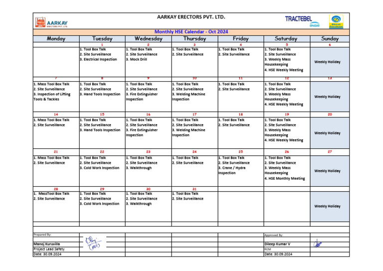 HSE Activity and Inspection Calender Oct 2024 | PDF