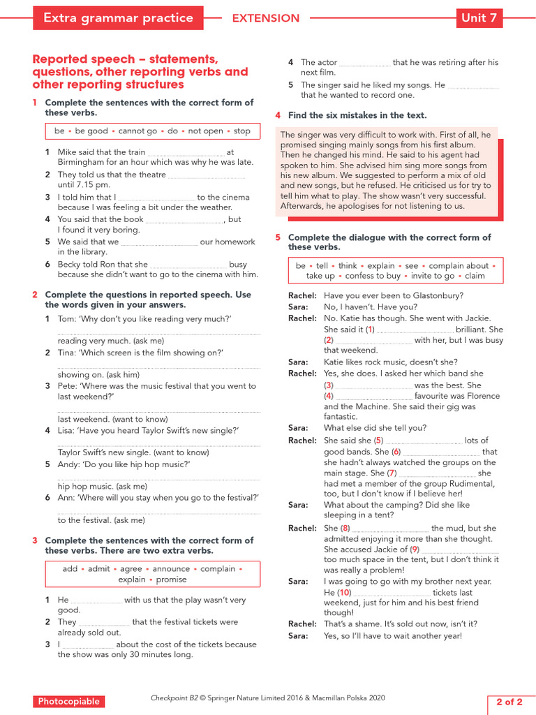 Checkpoint B2 - TRC - Extra Grammar Practice - Extension - U7 | PDF