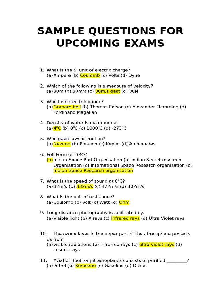 Expected Questions For Upcoming Exams | PDF