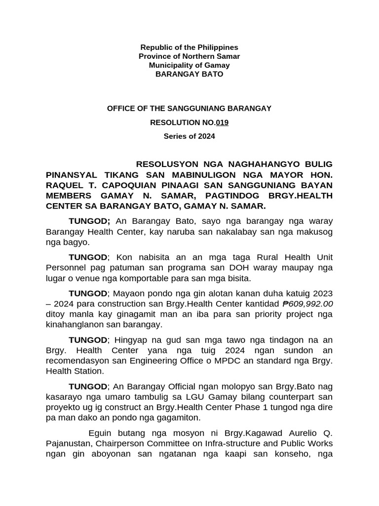 Brgy. Resolution No.05-1 | PDF