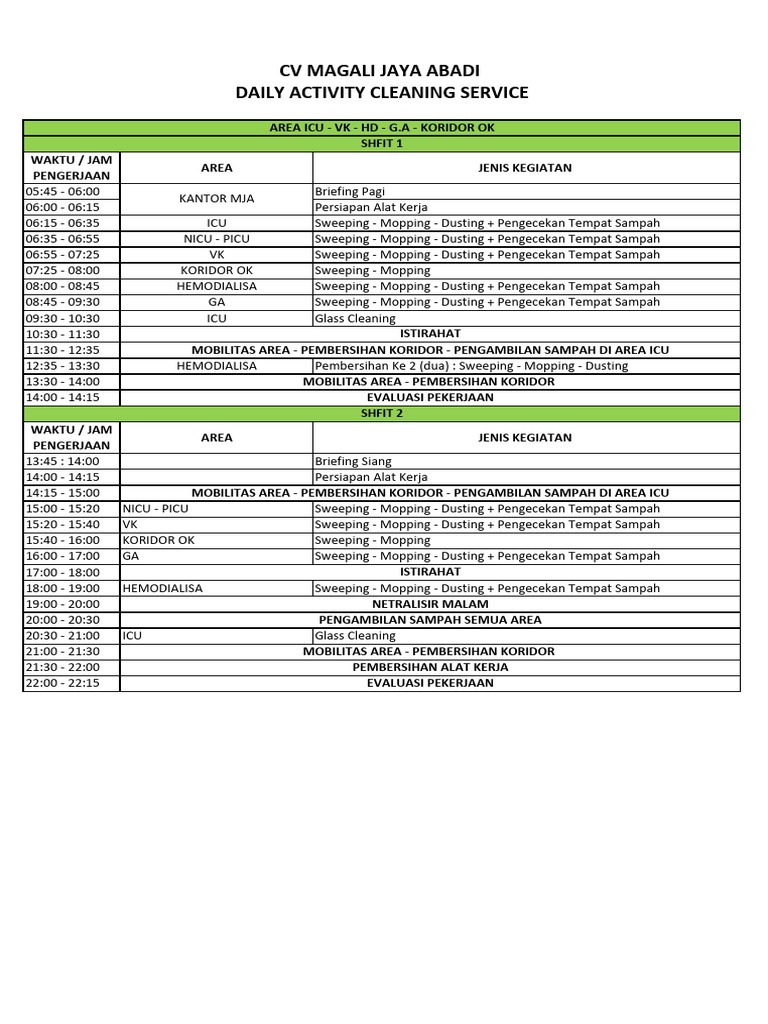 Daily Activity Cleaning Service | PDF