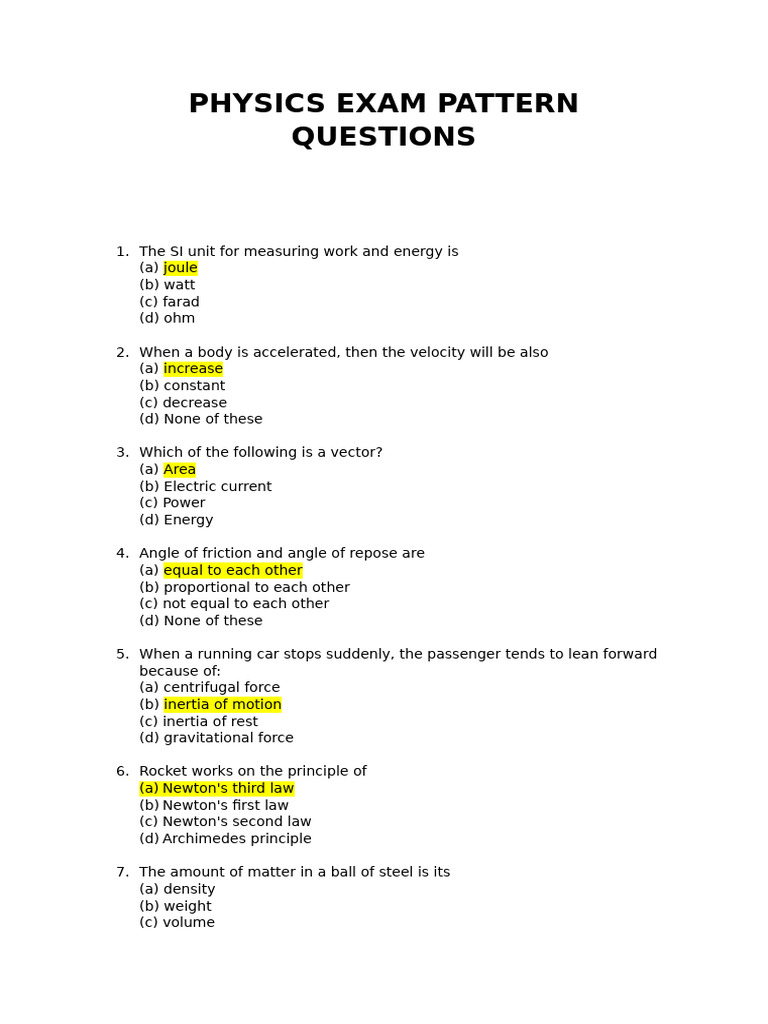 Physics Exam Pattern Questions | PDF