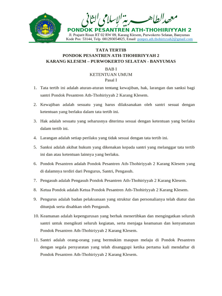Tata Tertib Ponpes Ath-Thohiriyyah 2 | PDF