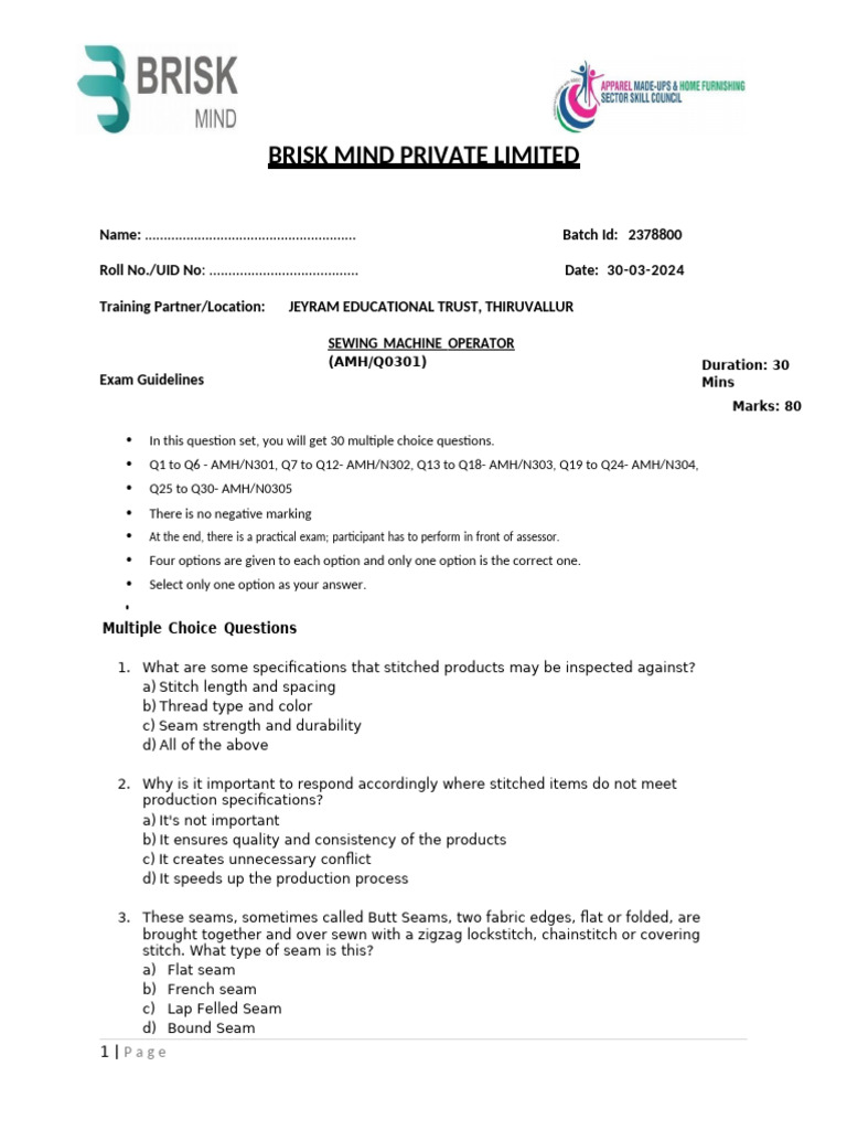 Set 3 Sewing Machine Operator Question Paper | PDF