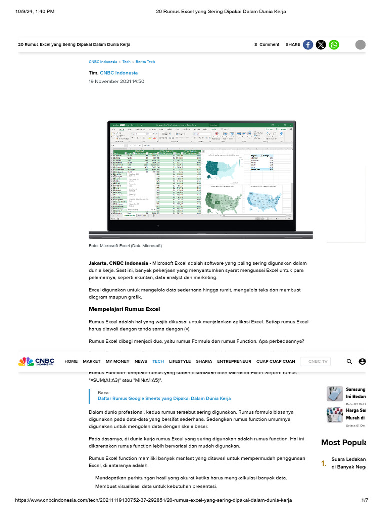 20 Rumus Excel Yang Sering Dipakai Dalam Dunia Kerja | PDF