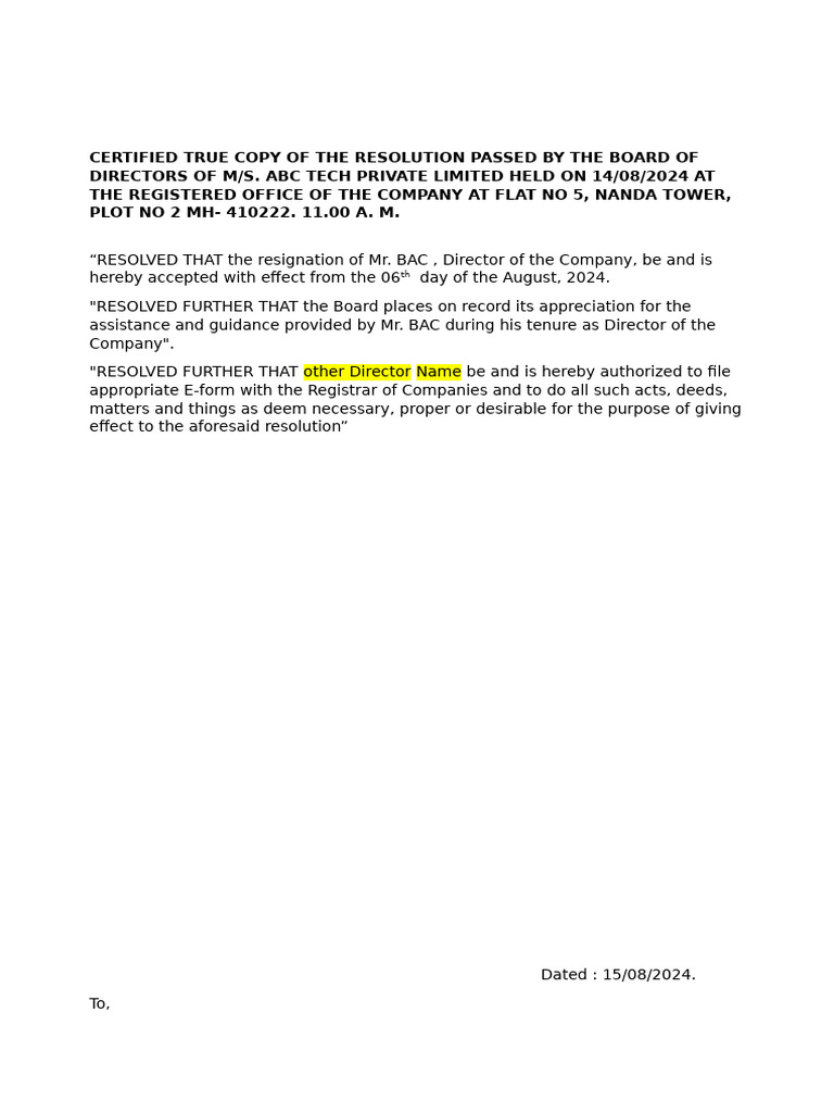 Resignation Acknowledgment of Mr. BAC | PDF