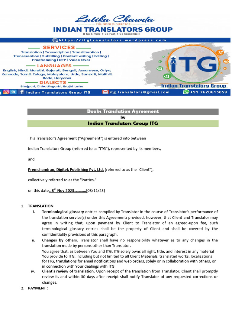 Books Translation Agreement - ITG - DigiTek Publishing | PDF | Legal ...