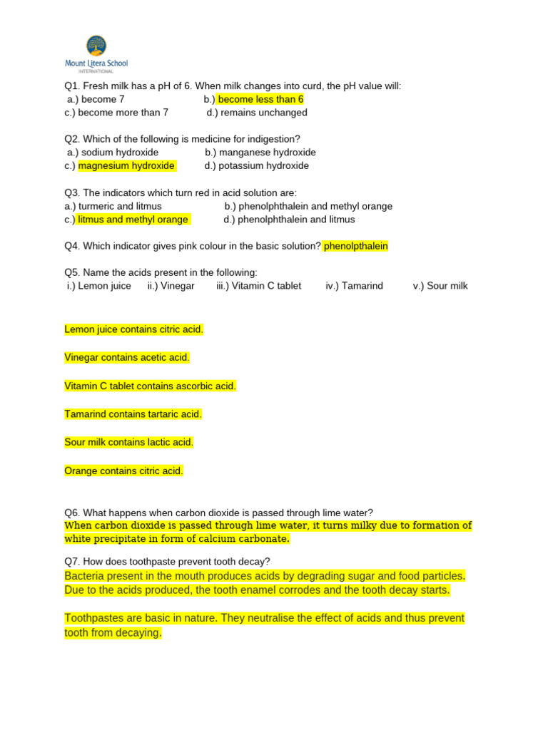 MYP 3 - Worksheet - Acids and Bases | PDF | Acid | Ph