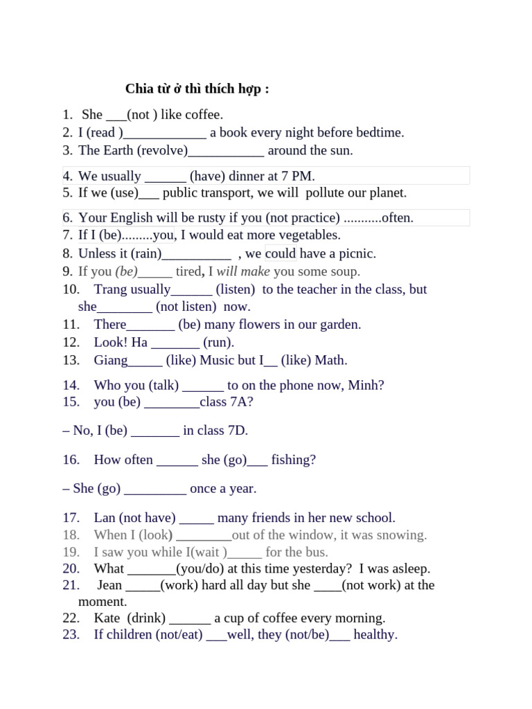 Chia T Thì Thích H P 2 (HTĐ, HTTD, QKĐ, QKTD) | PDF