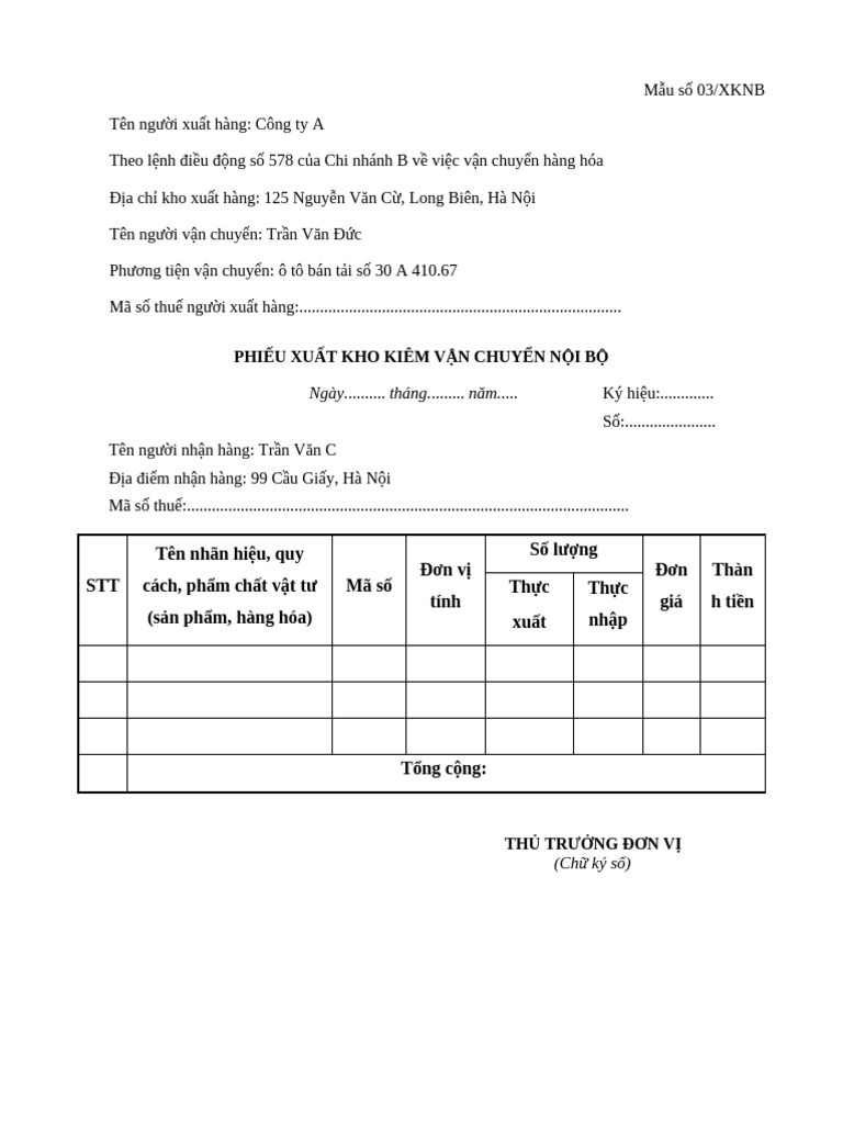 Phieu Xuat Kho Kiem Van Chuyen Noi Bo | PDF