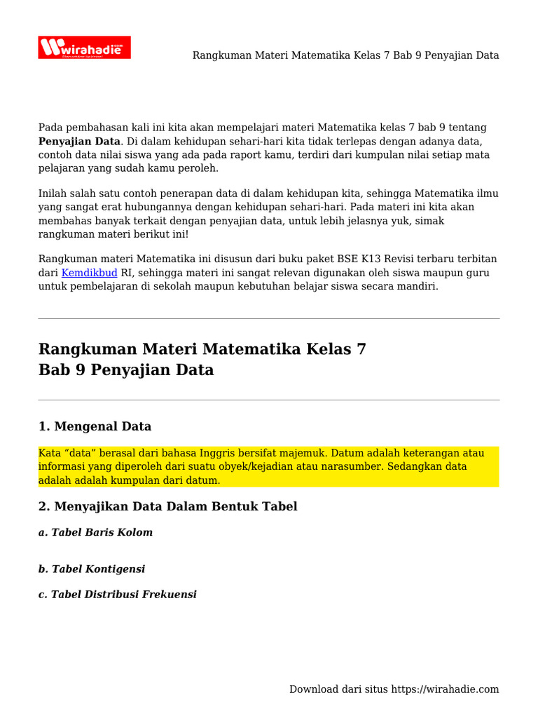 Rangkuman Materi Matematika Kelas 7 Bab 9 Penyajian Data | PDF