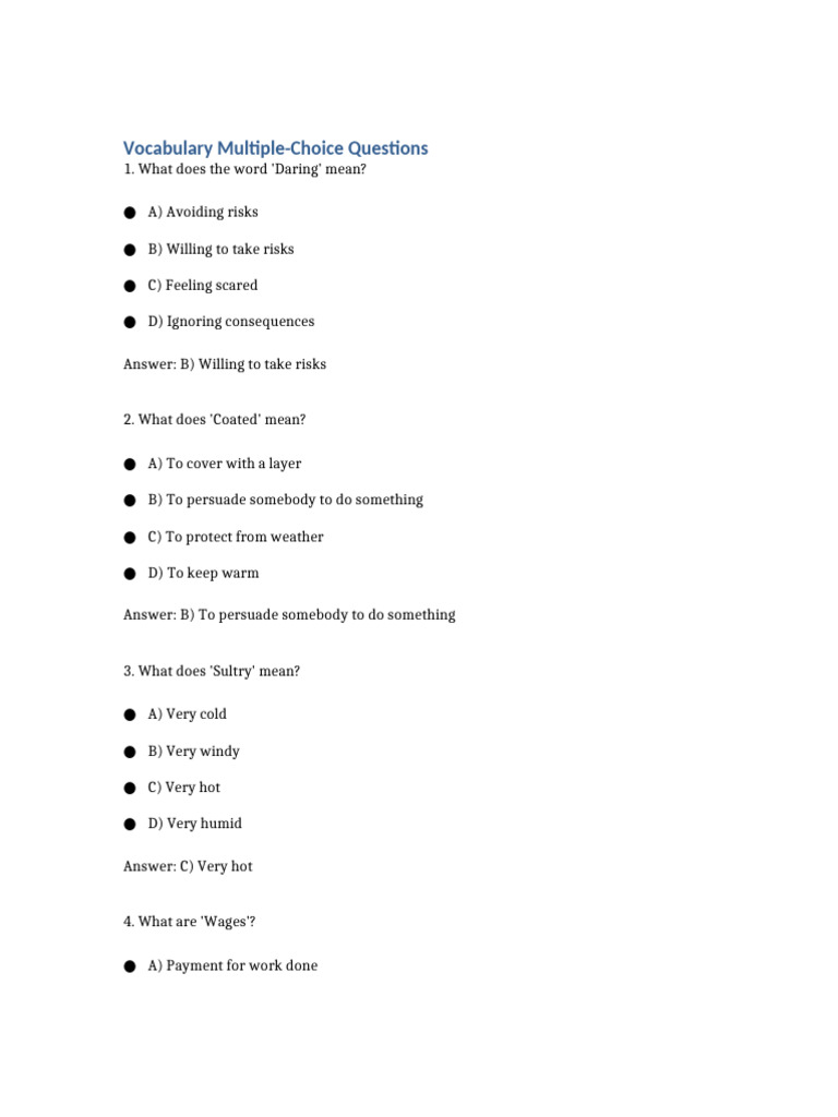 Vocabulary Multiple Choice Questions | PDF