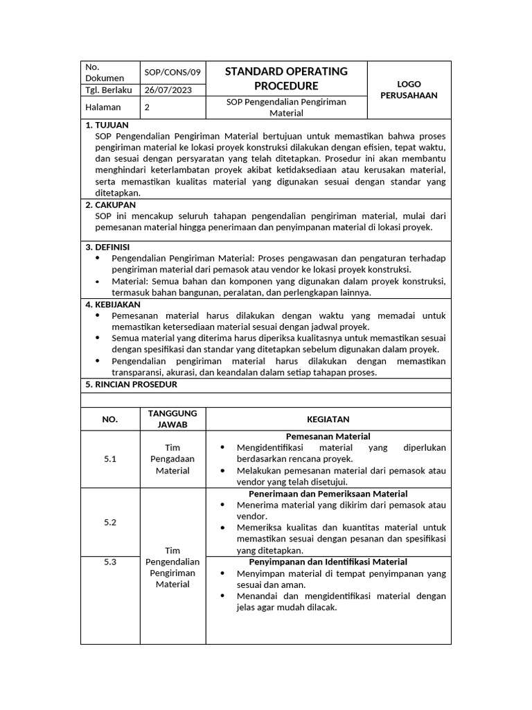 009 SOP Pengendalian Pengiriman Material | PDF