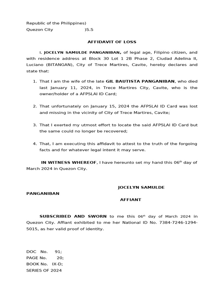Affidavit of Loss ID AFPSLAI Death 1-25-24 | PDF