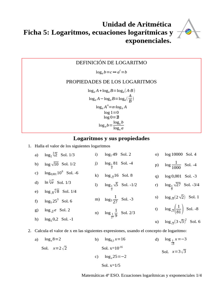 B2.ficha 05.logaritmos-Ec - Logaritmicasyexponenciales | PDF
