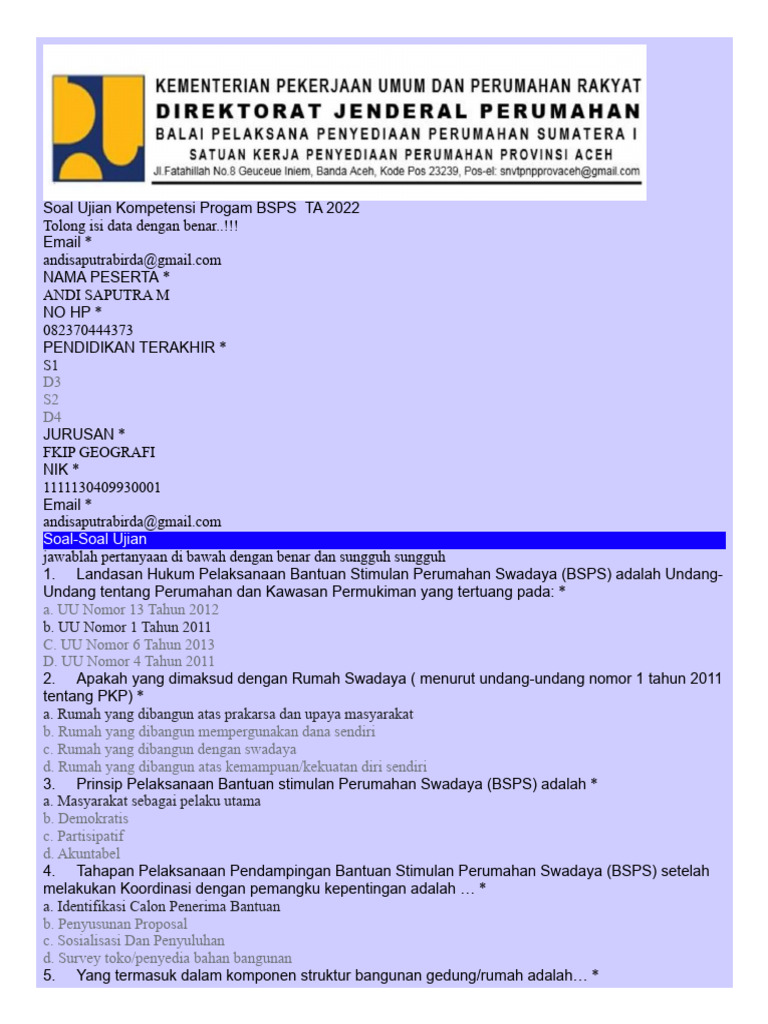 Soal Ujian Kompetensi Dasar BSPS 2022 | PDF