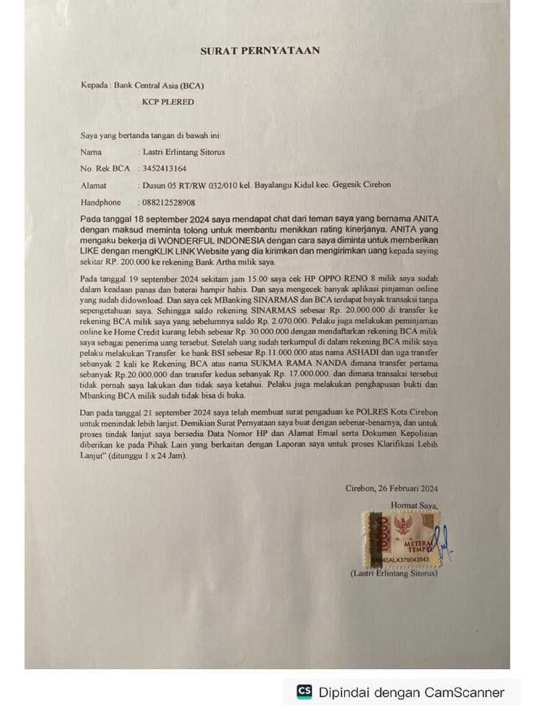 Surat pernyataan bca | PDF