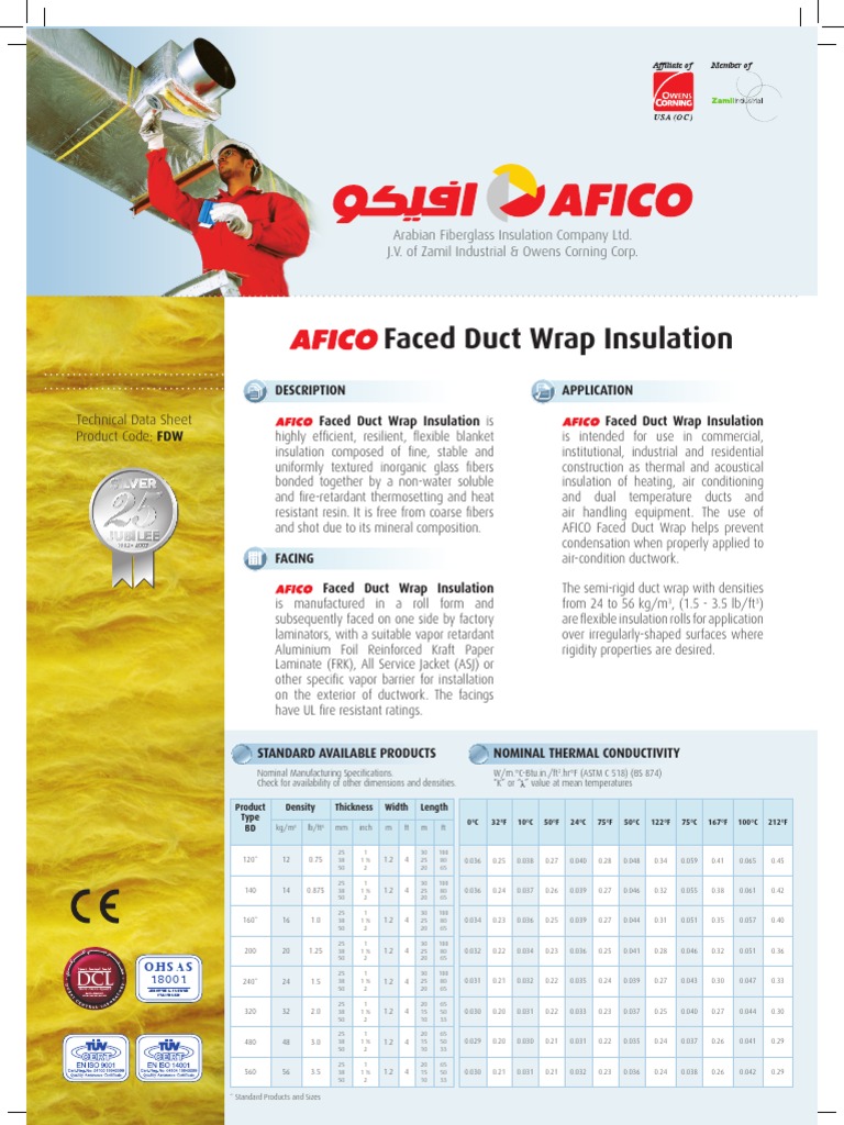 AFICO Faced Duct Wrap Insulation Data | PDF | Duct (Flow) | Thermal ...