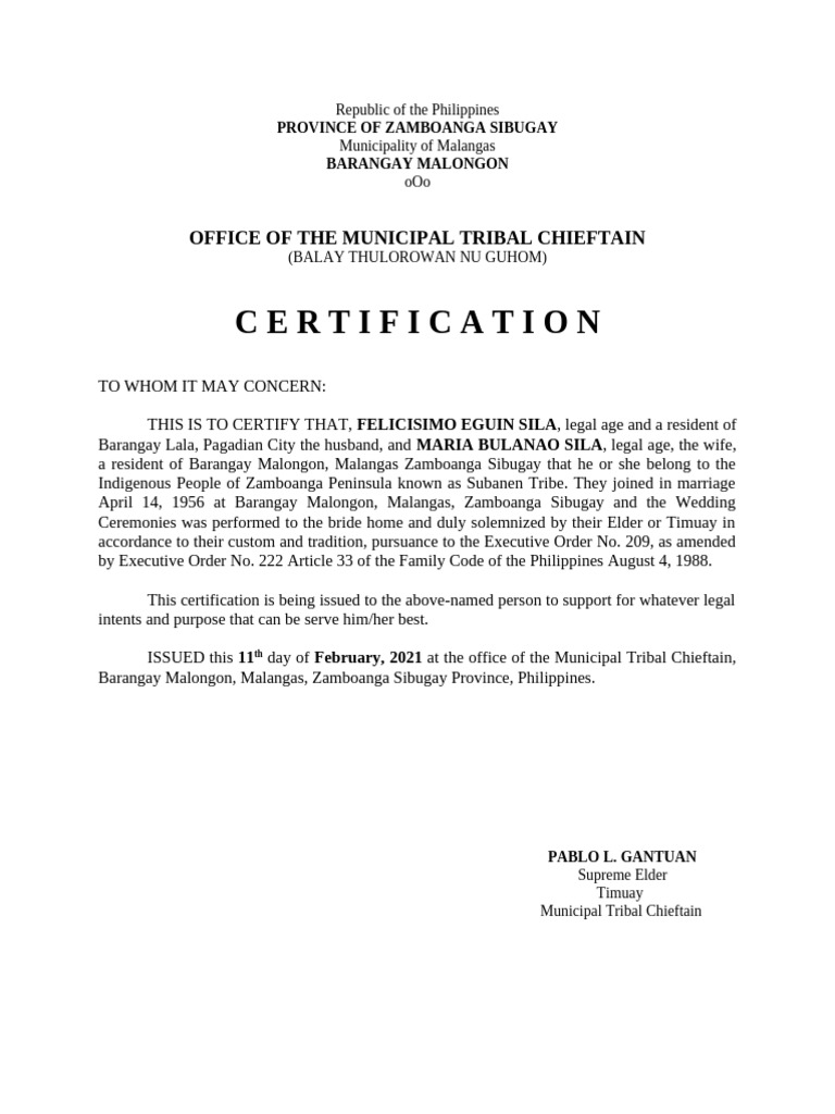 Certification of Indigenous Marriage in Zamboanga | PDF