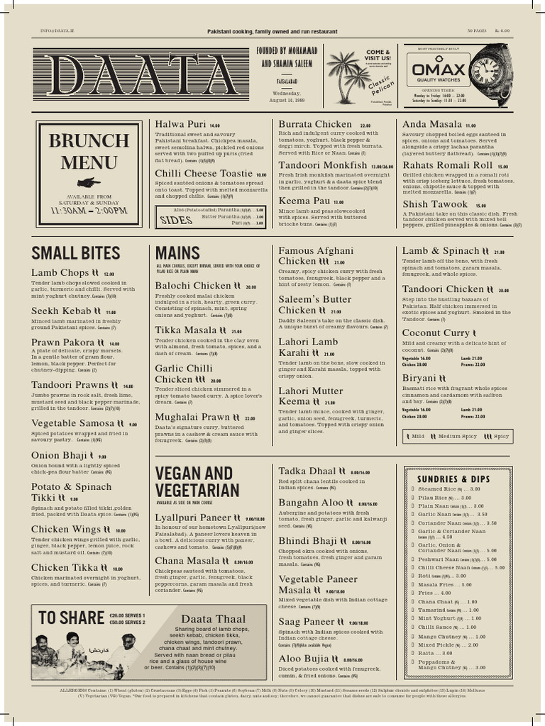 Daata Blackrock Dinner Menu | PDF | Indian Cuisine | Curry