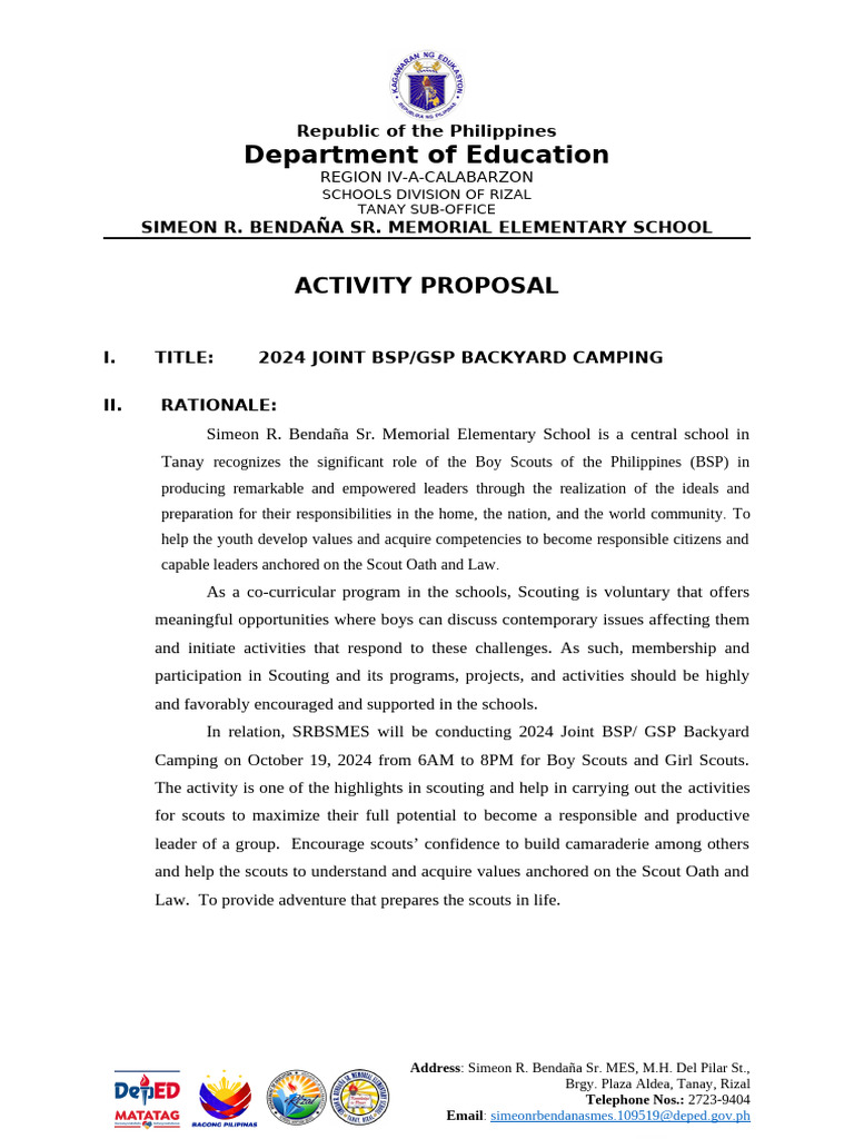Backyard Camping Activity Proposal SRBSMES | PDF