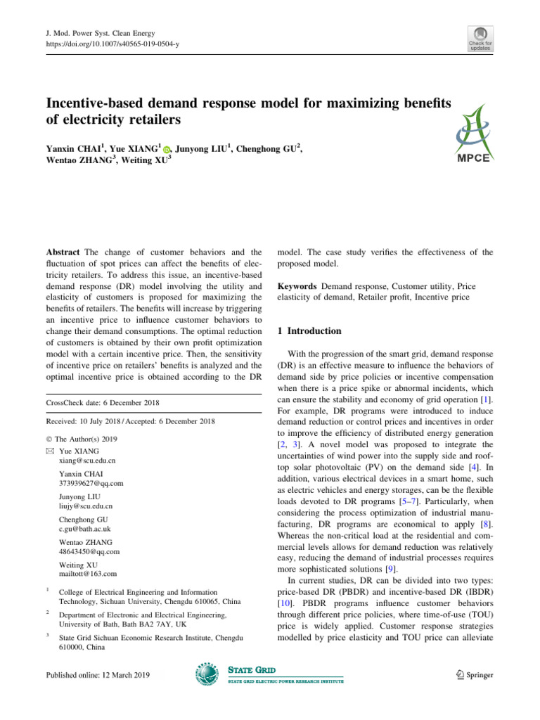 Incentive-Based Demand Response Model For Maximizing Benefits of Electricity Retailers | PDF
