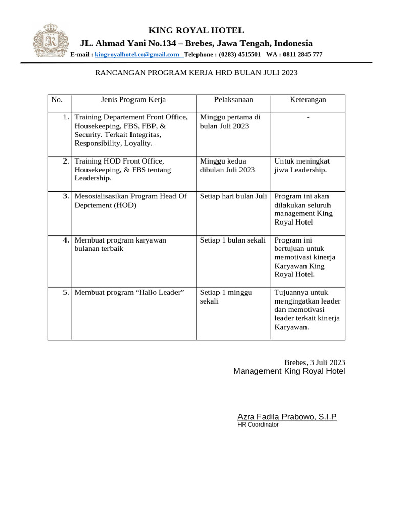 Rancangan program kerja HRD BULAN JULI | PDF