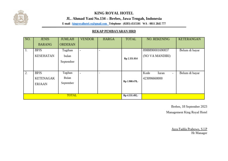 REKAP PEMBAYARAN BPJS KESEHATAN & KETENAGAKERJAAN September 2023 | PDF