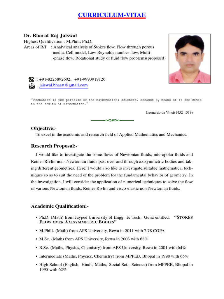 CV - Bharat | PDF | Fluid | Mathematics