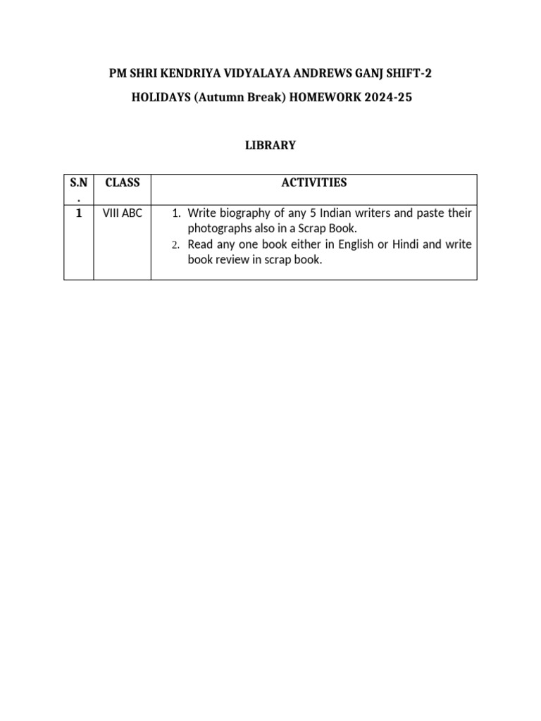 Holiday Homework Library | PDF