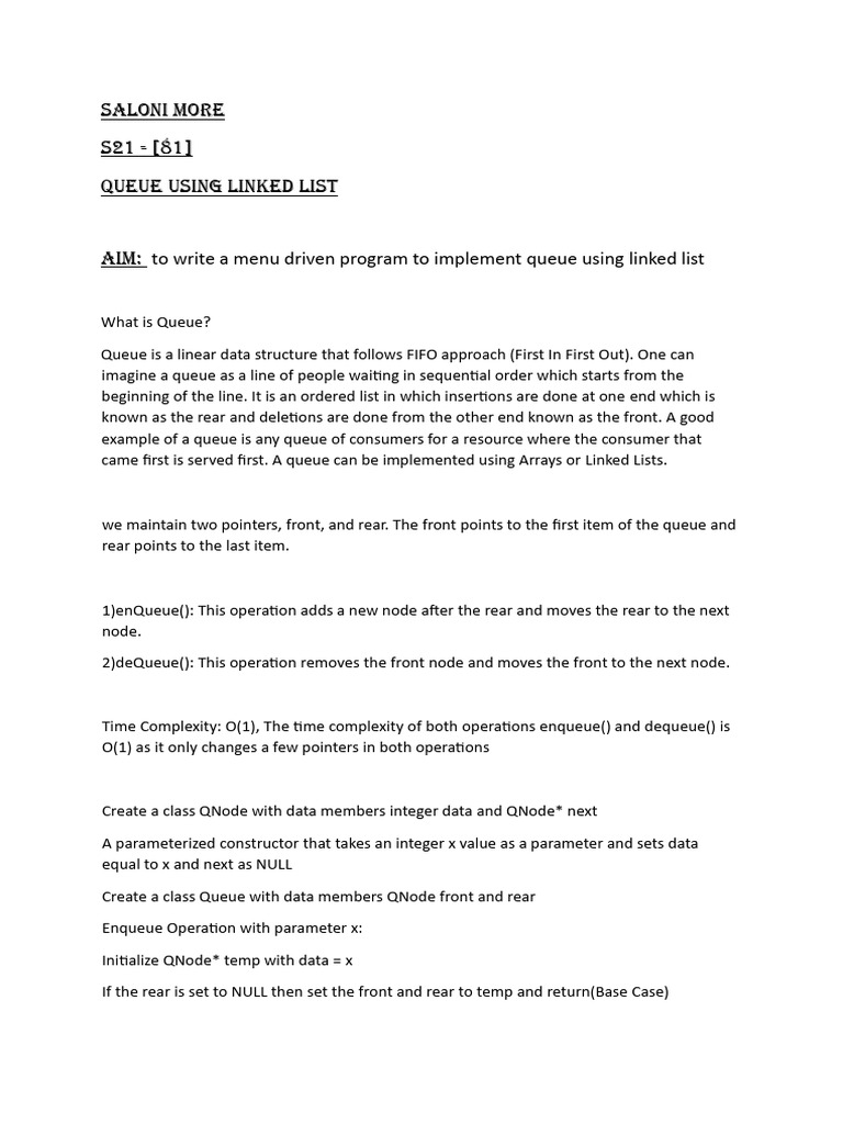 SALONI - S21 (81) DSA Queue Using Linked List | PDF