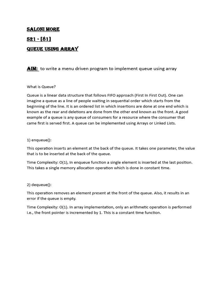 SALONI - S21 (81) DSA Queue Using Array | PDF