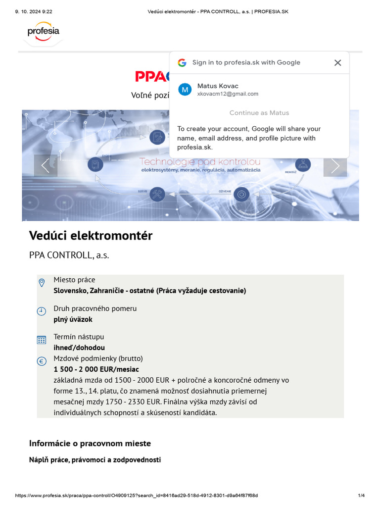 Vedúci Elektromontér - PPA CONTROLL, A.S. - PROFESIA - SK | PDF