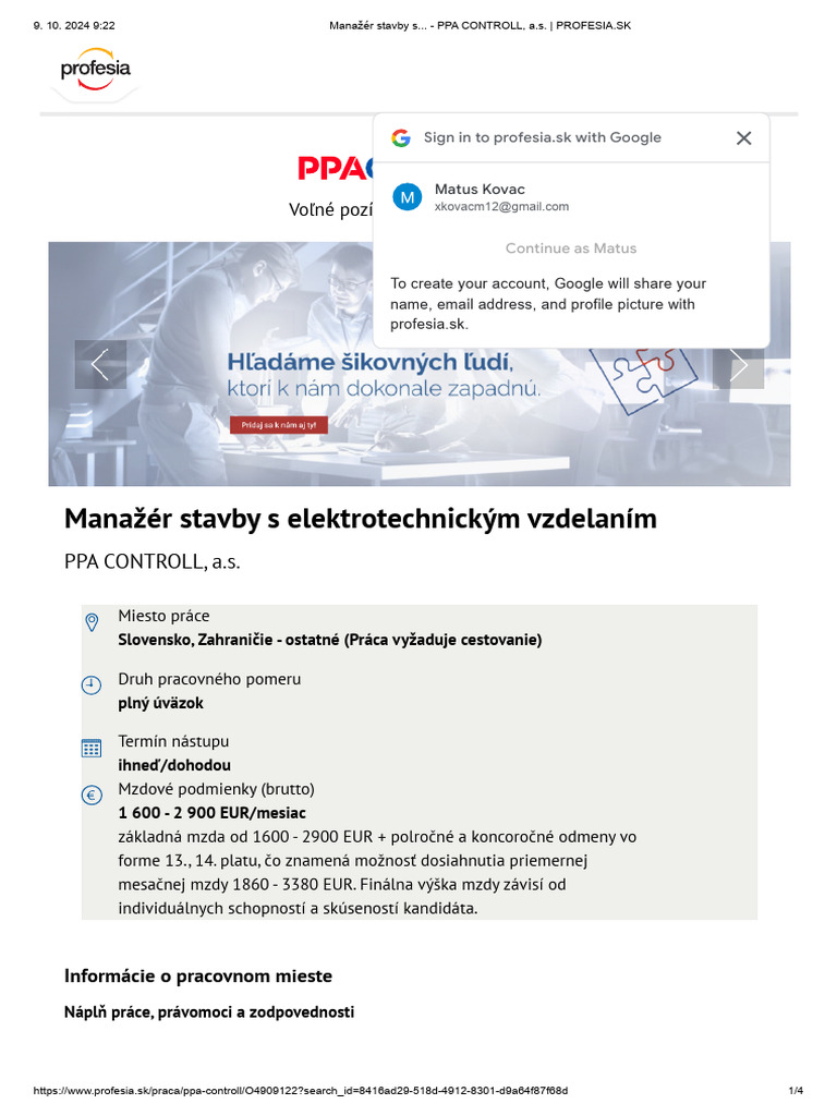 Manažér Stavby S... - PPA CONTROLL, A.S. - PROFESIA - SK | PDF
