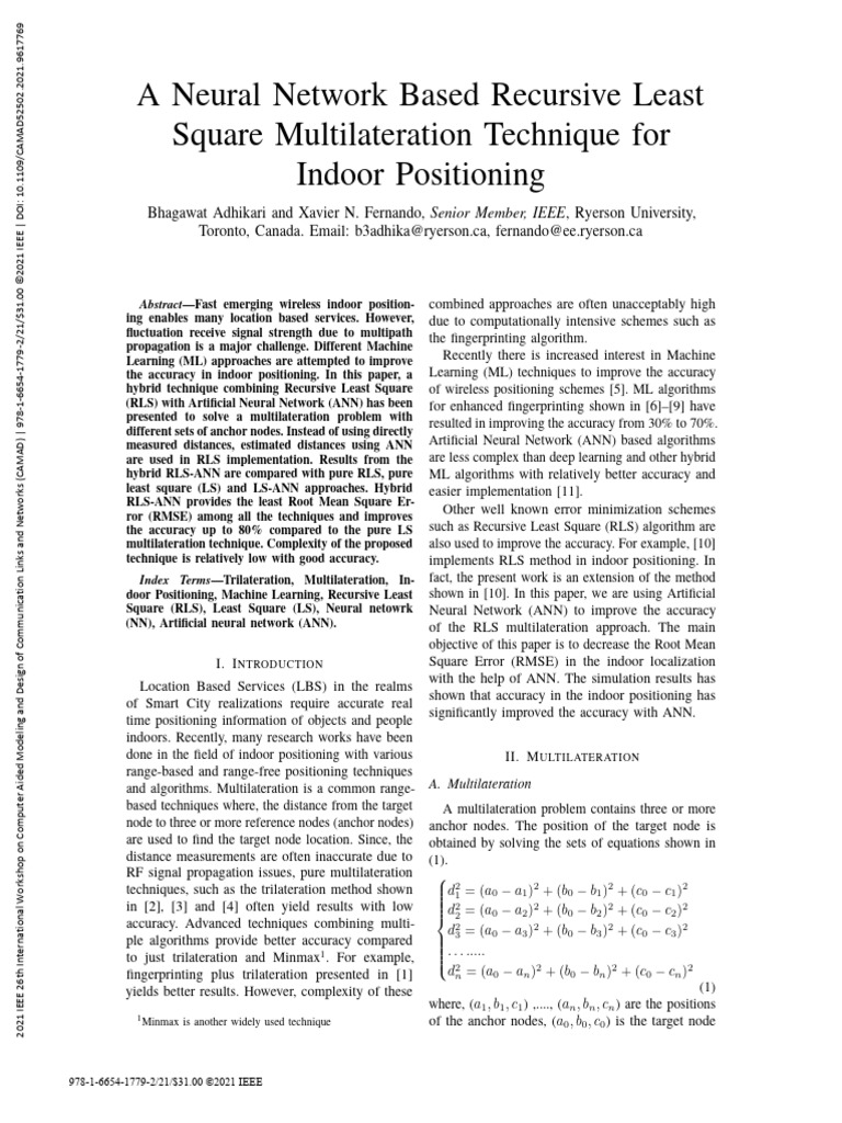 A Neural Network Based Recursive Least Square Multilateration Technique For Indoor Positioning | PDF