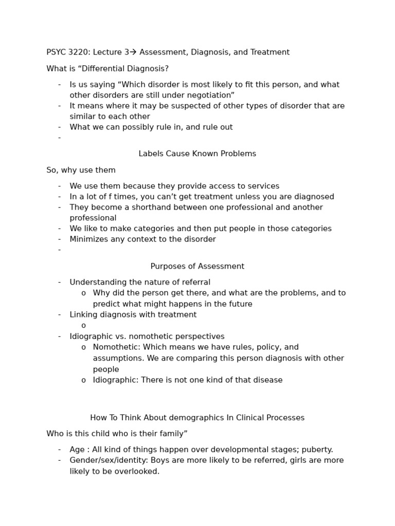 PSYC 3220 Lecture 3 Assessment, Diagnosis, and Treatment | PDF