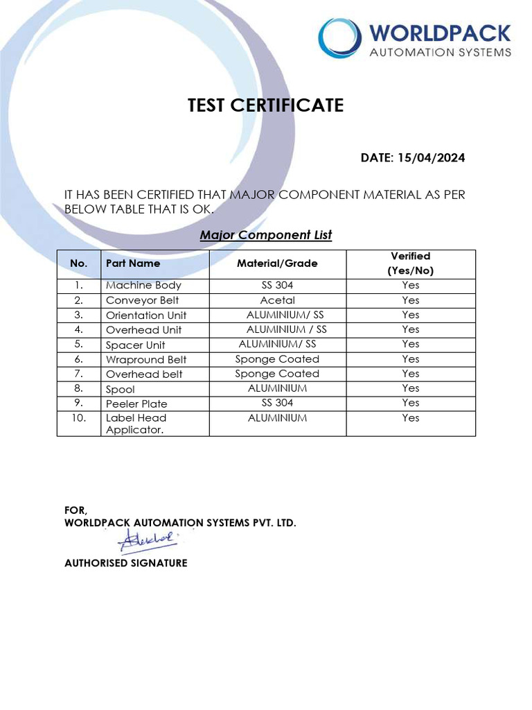 Test Certificate: It Has Been Certified That Major Component Material ...