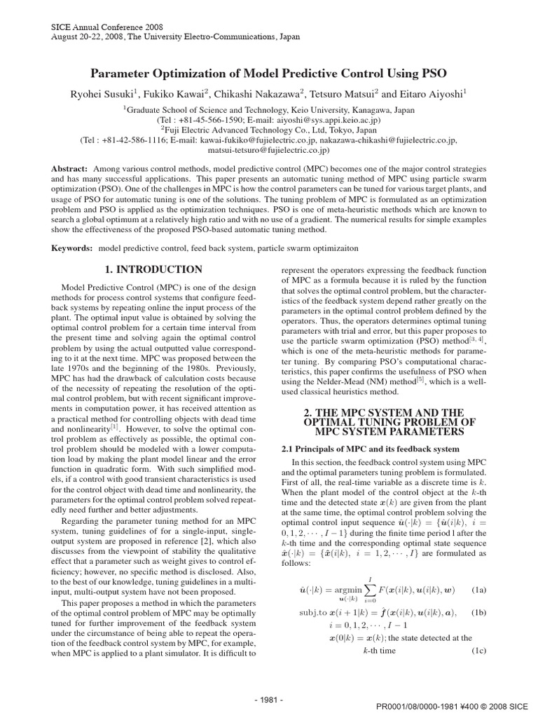 Parameter Optimization Of Model Predictive Control Using Pso Pdf