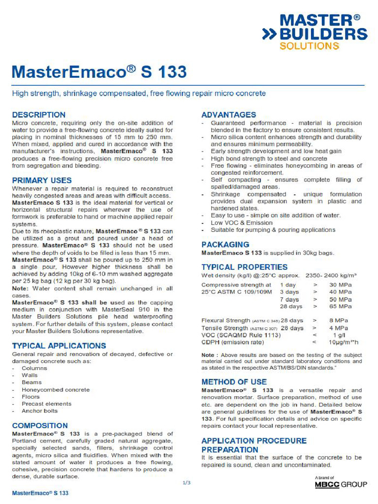 Masteremaco s133 Data Sheet | PDF