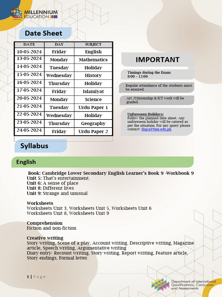 Grade 8 Date Sheet and Syllabus Final Examination 2024 | PDF