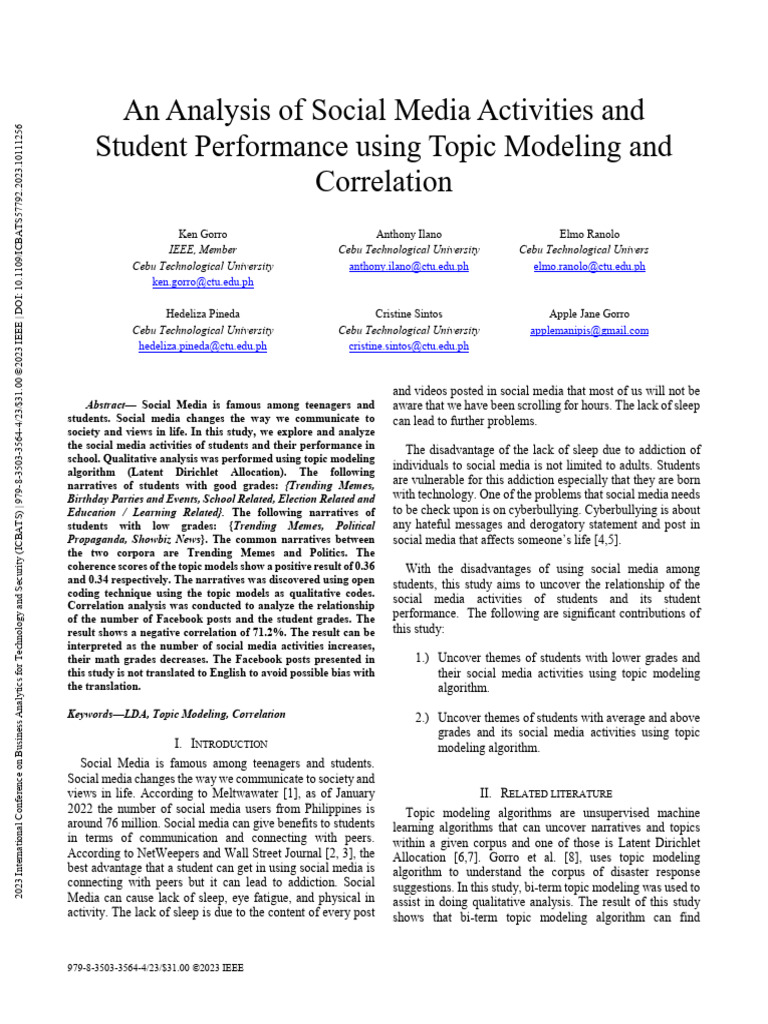 An Analysis of Social Media Activities and Student Performance Using Topic Modeling and ...