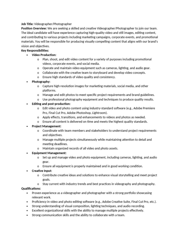 Job Description - Videographer-Photographer | PDF